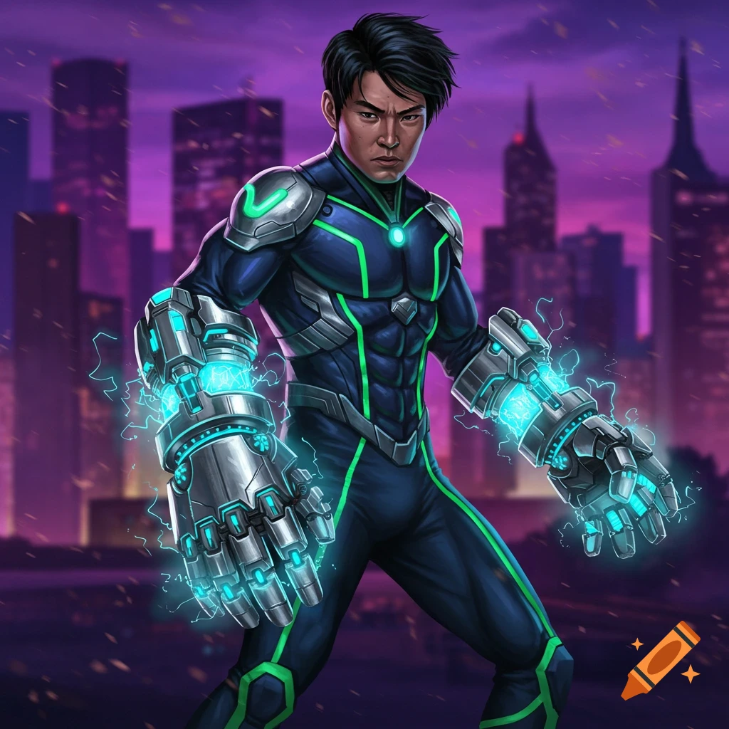 Superhero manipulating energy with hands, silver and electric blue high ...