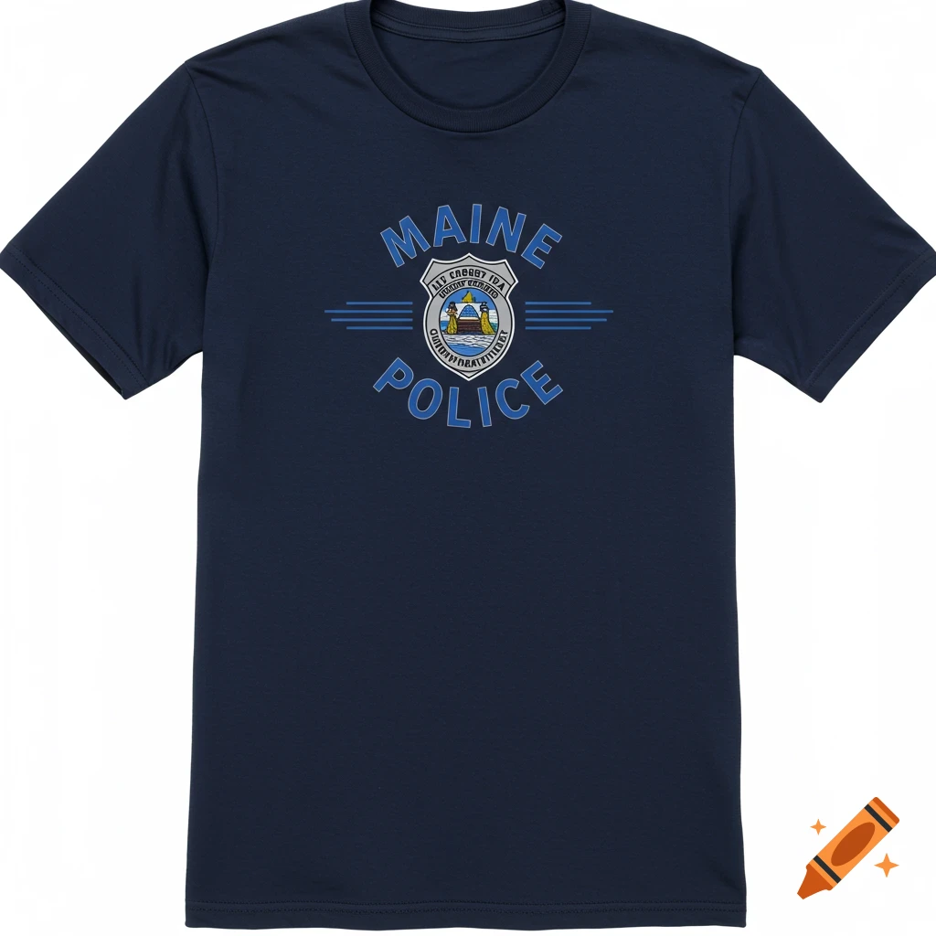 A navy blue t-shirt with a blue Maine Police logo printed on the front ...