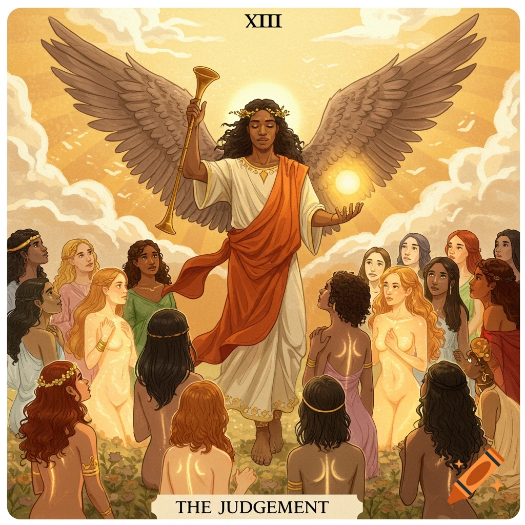 Judgement tarot card featuring a Black angel and a crowd of women on Craiyon