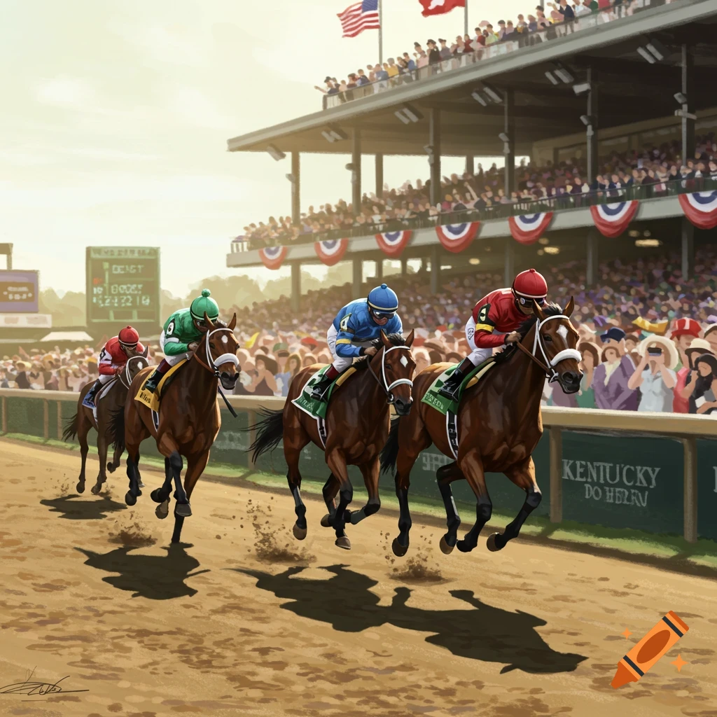 Horses and jockeys racing on a dirt track in front of a grandstand full ...