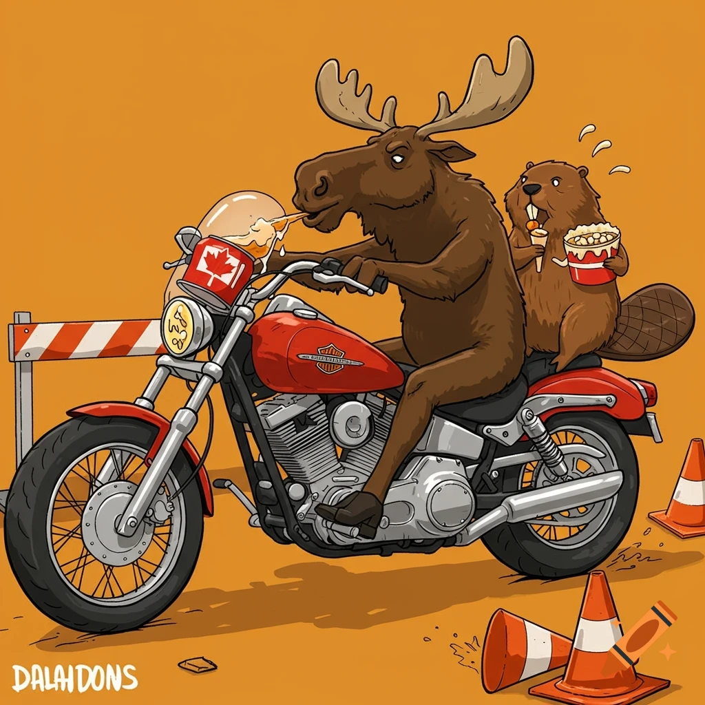 Cartoon illustration of a moose riding a red motorcycle with a beaver ...