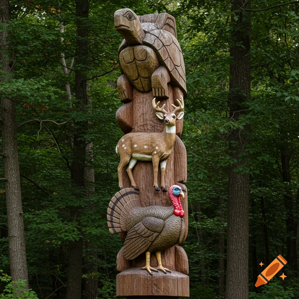 Totem pole with turtle, deer, and turkey carvings in nature on Craiyon
