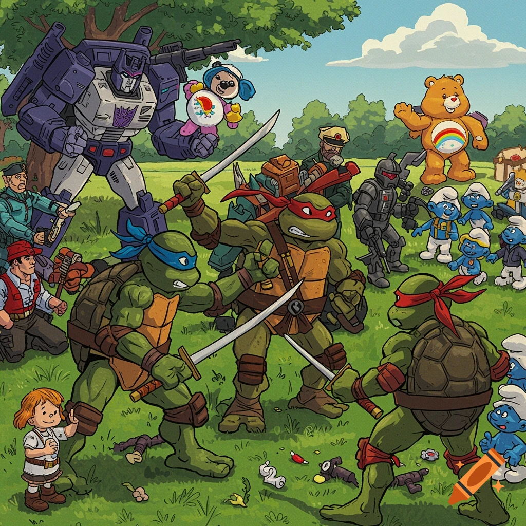 Four Teenage Mutant Ninja Turtles ski down a snowy mountain in a ...