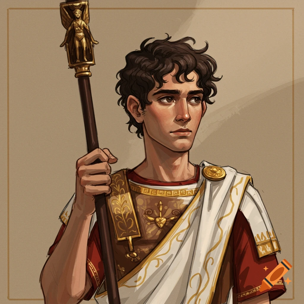 Young man in Roman senator attire holding a staff. on Craiyon