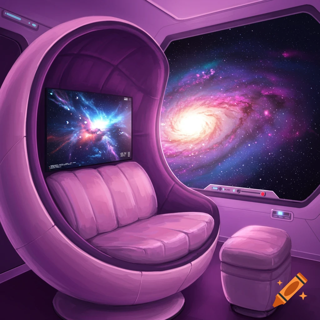 Modholic egg chair with TV and space simulator on Craiyon