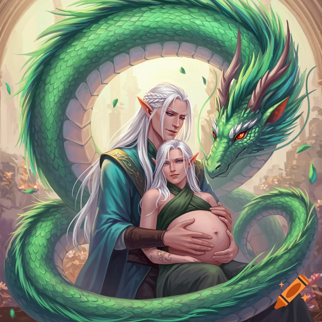 Pregnant elf couple embraced with dragon on Craiyon