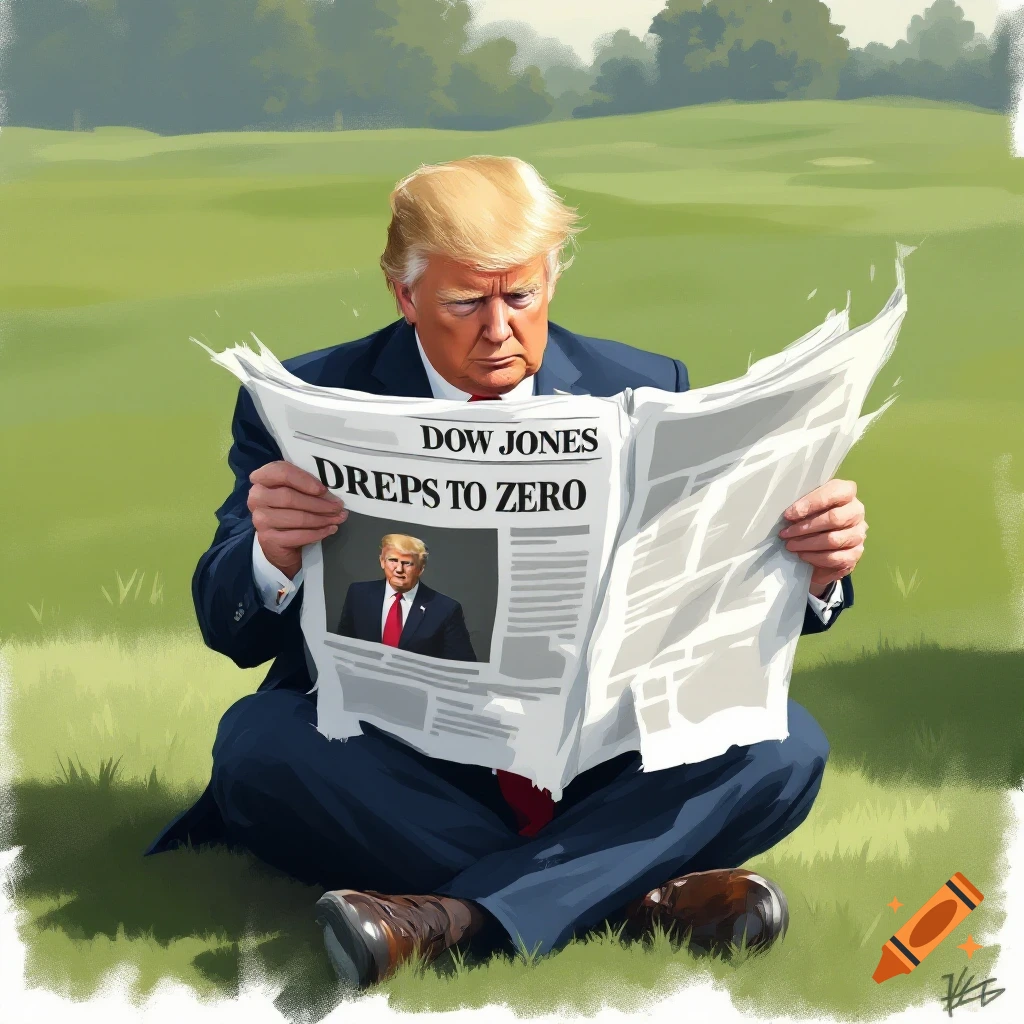 Trump reading newspaper with Dow Jones headline on golf course on Craiyon