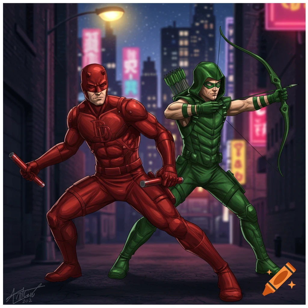Daredevil and Green Arrow stand in a city alley with neon signs, ready for action. Digital ...