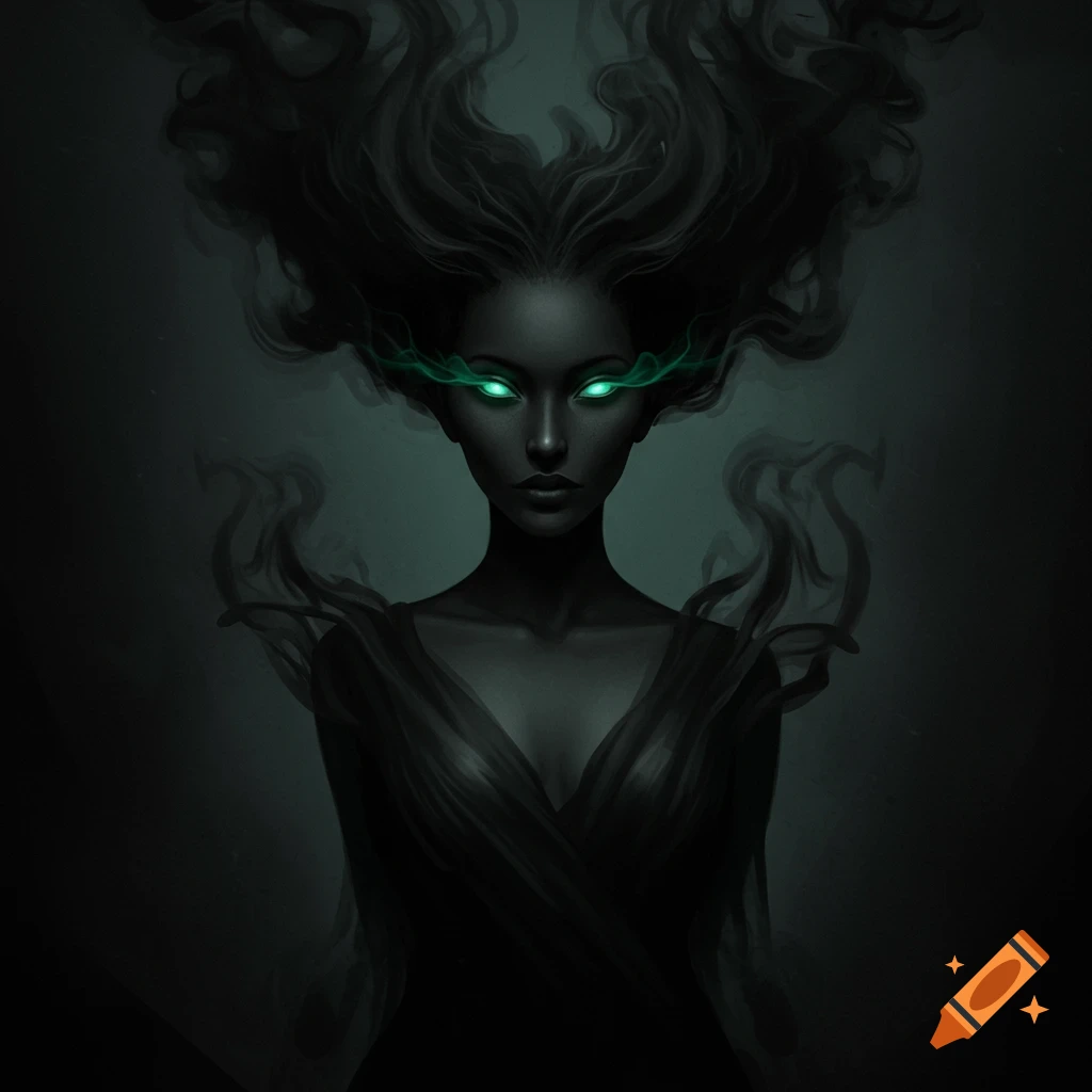 Charcoal shadow figure with smoke hair and emerald eyes on Craiyon