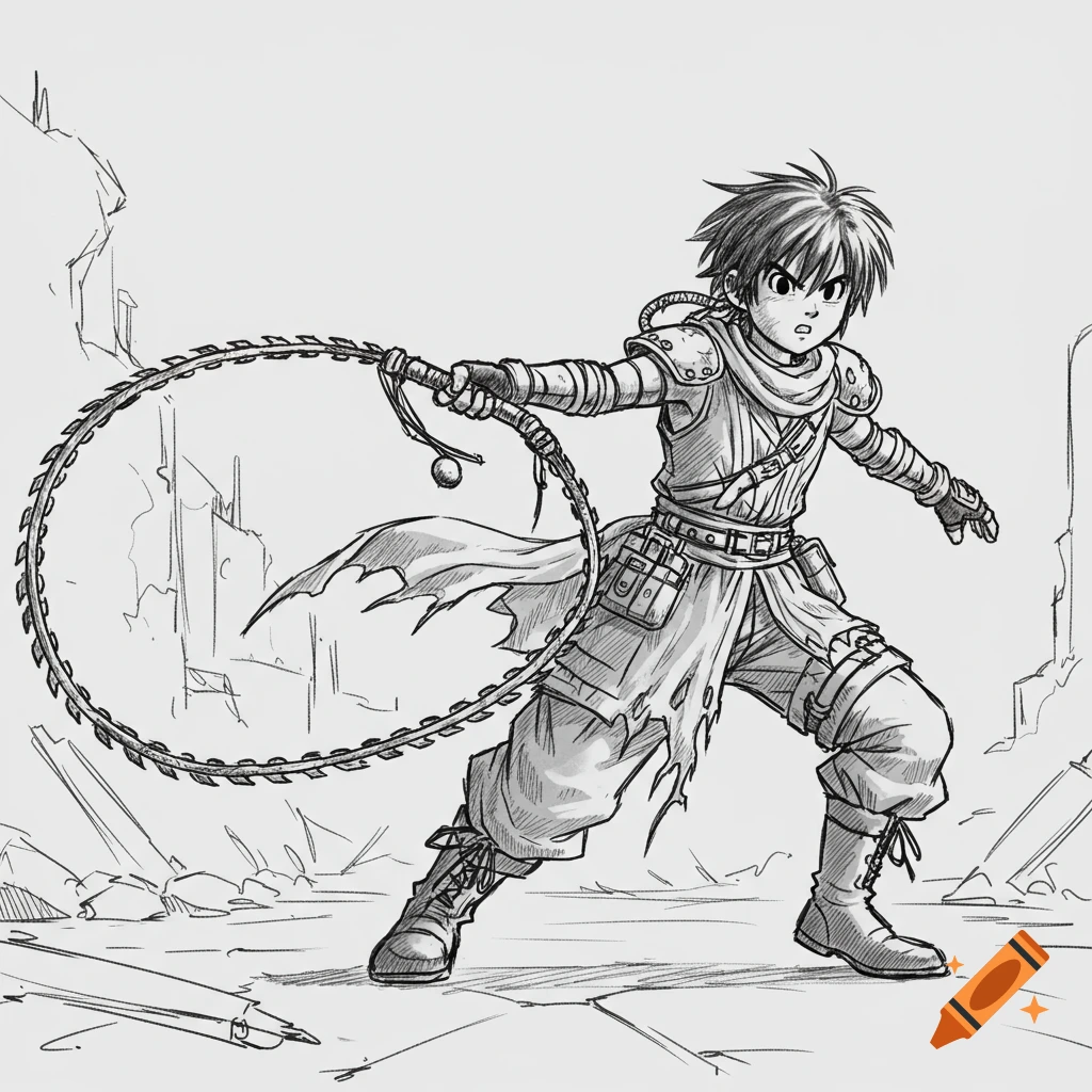 Black and white sketch of a young adventurer wielding a whip in a ...