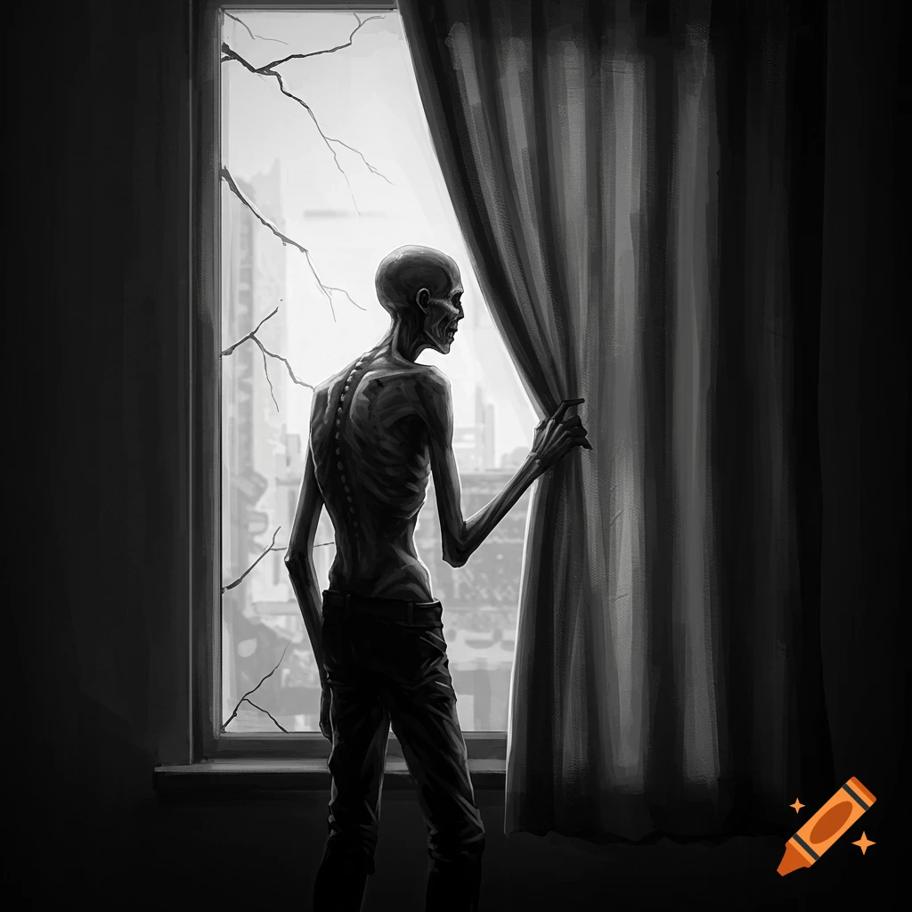 Thin man looking out window, grayscale on Craiyon