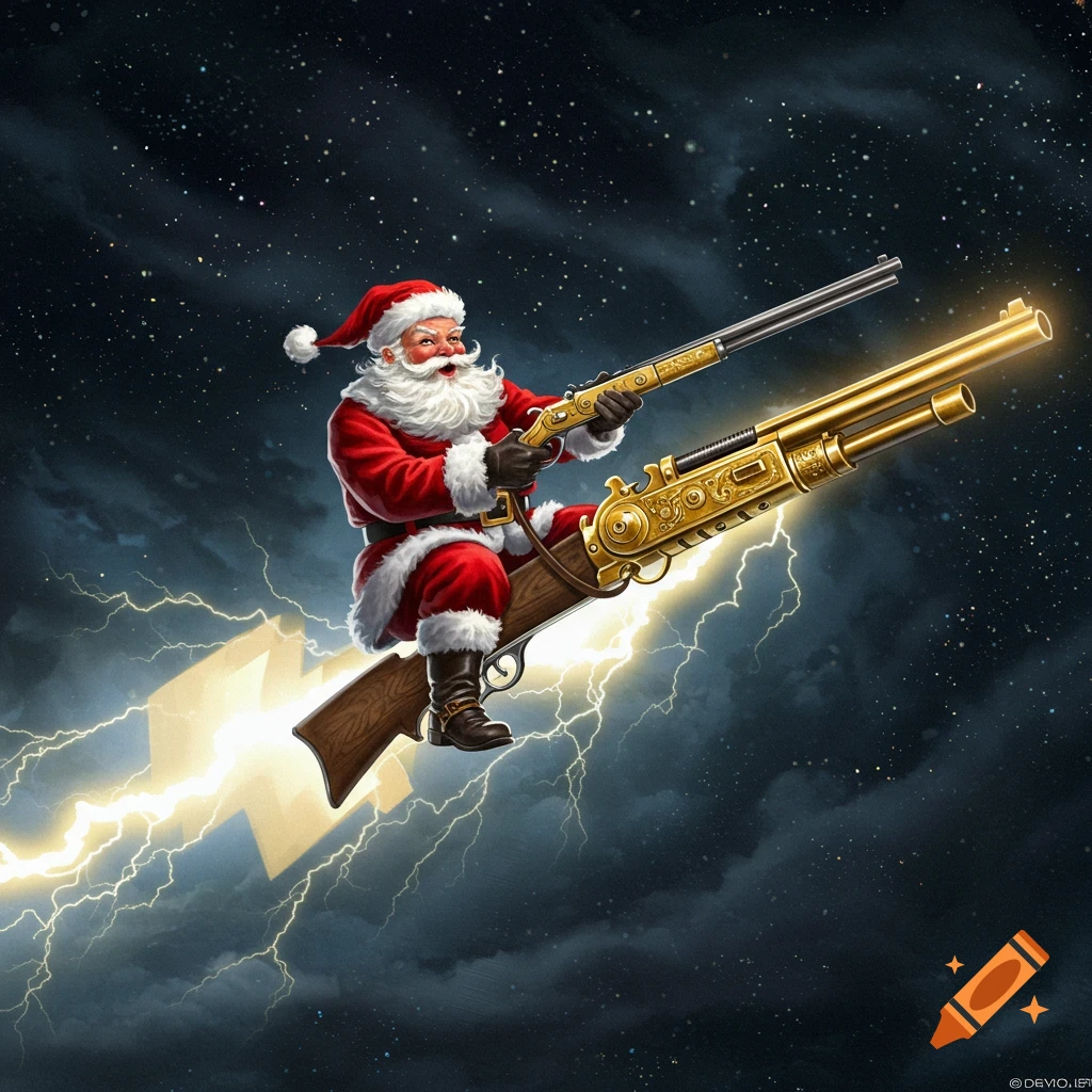 Santa Claus riding a lightning bolt with a rifle on Craiyon