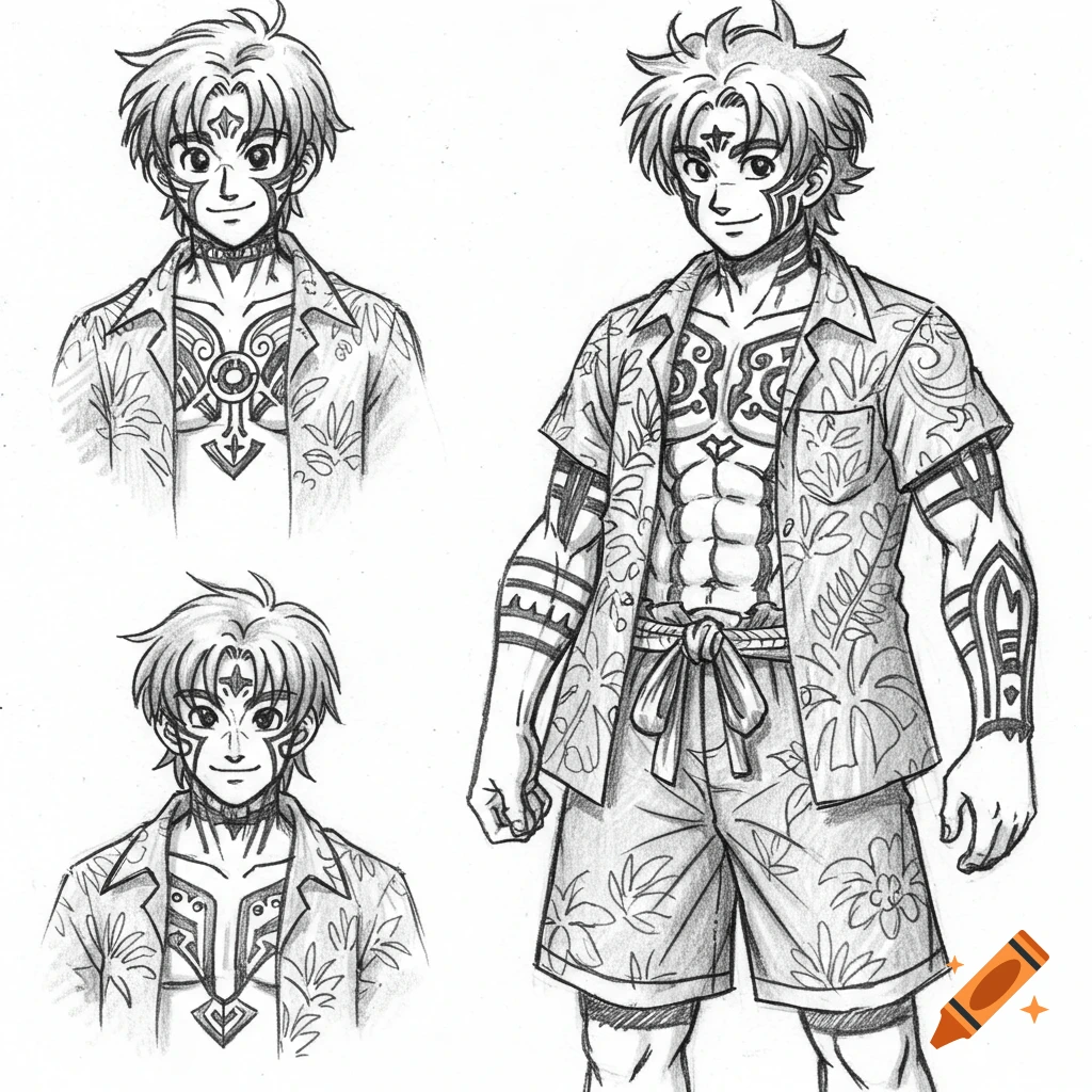 Dragon Quest style pencil sketch of a young man with tribal tattoos on Craiyon
