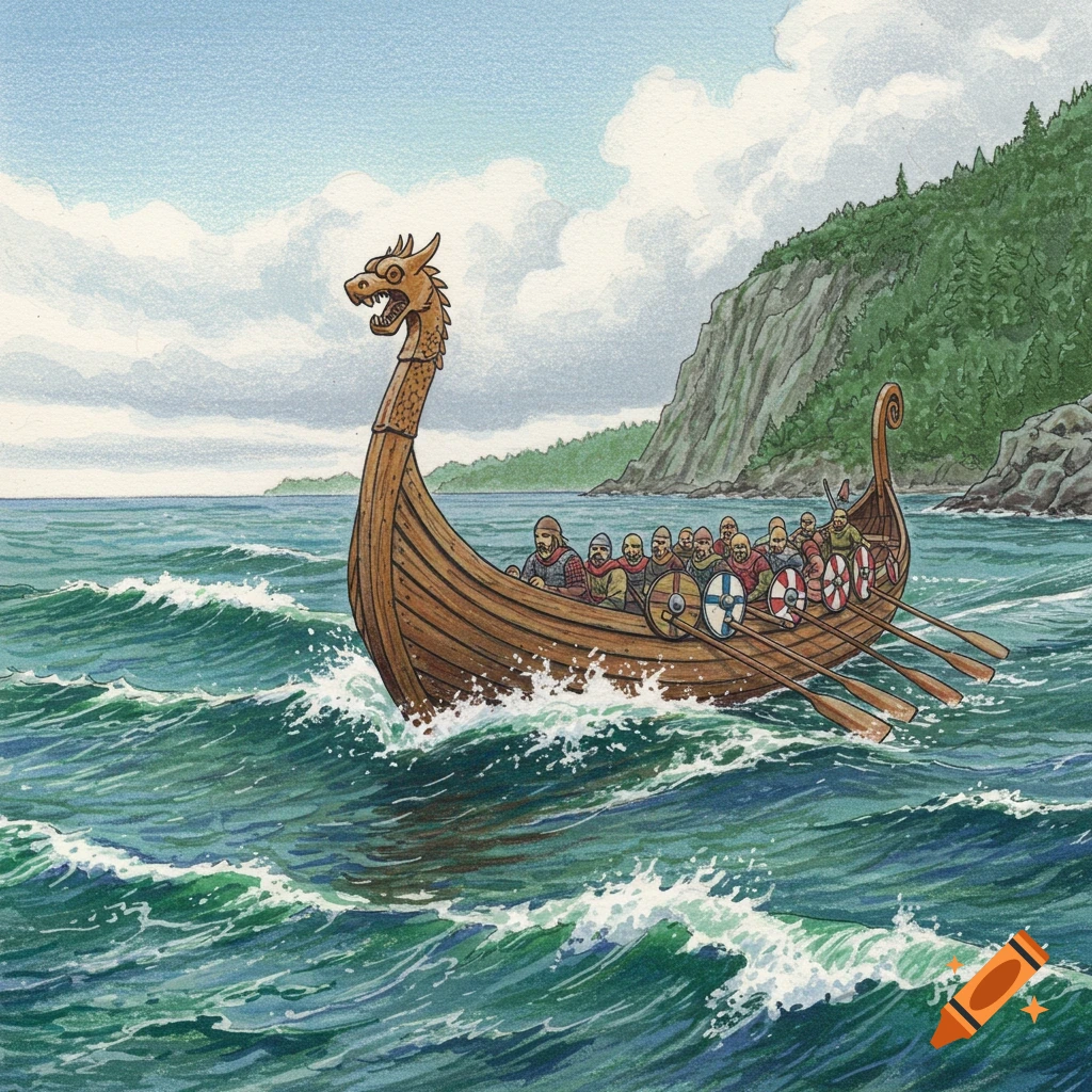 Color pencil drawing of a Viking ship approaching land on Craiyon
