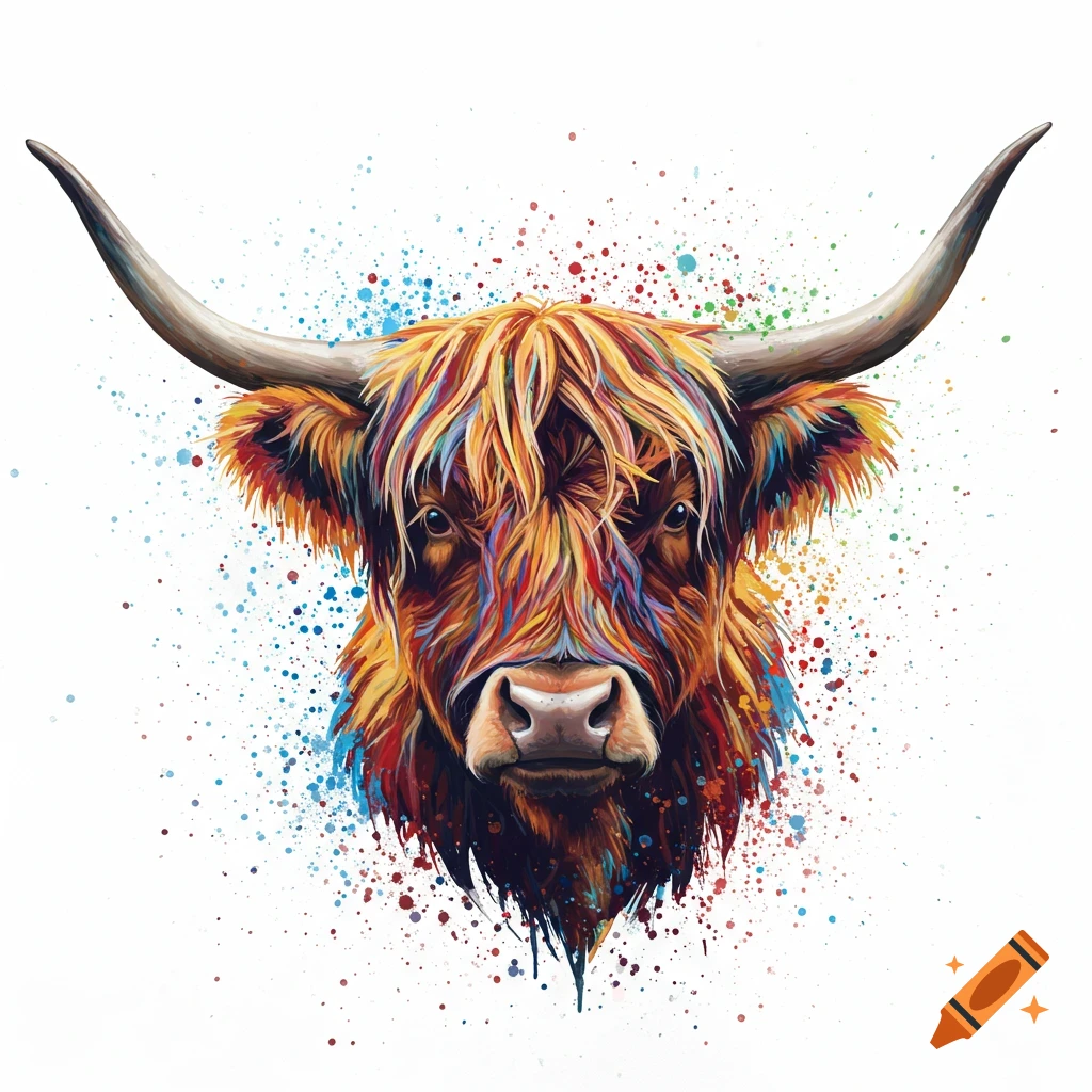 Colorful abstract painting of a Highland cow head with paint splatters ...