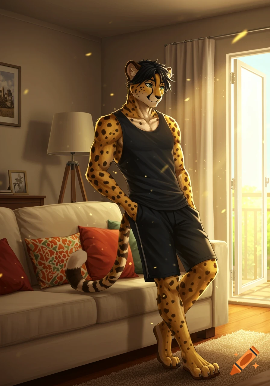 Anime furry cheetah character in tank top and shorts leans on couch in ...