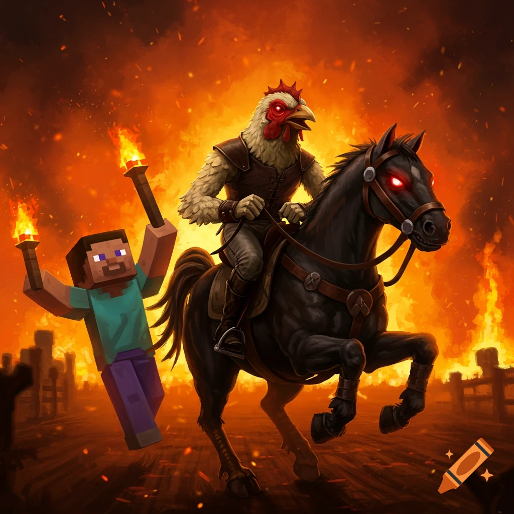 Chicken jockey with Steve holding a torch and fire in the background on ...