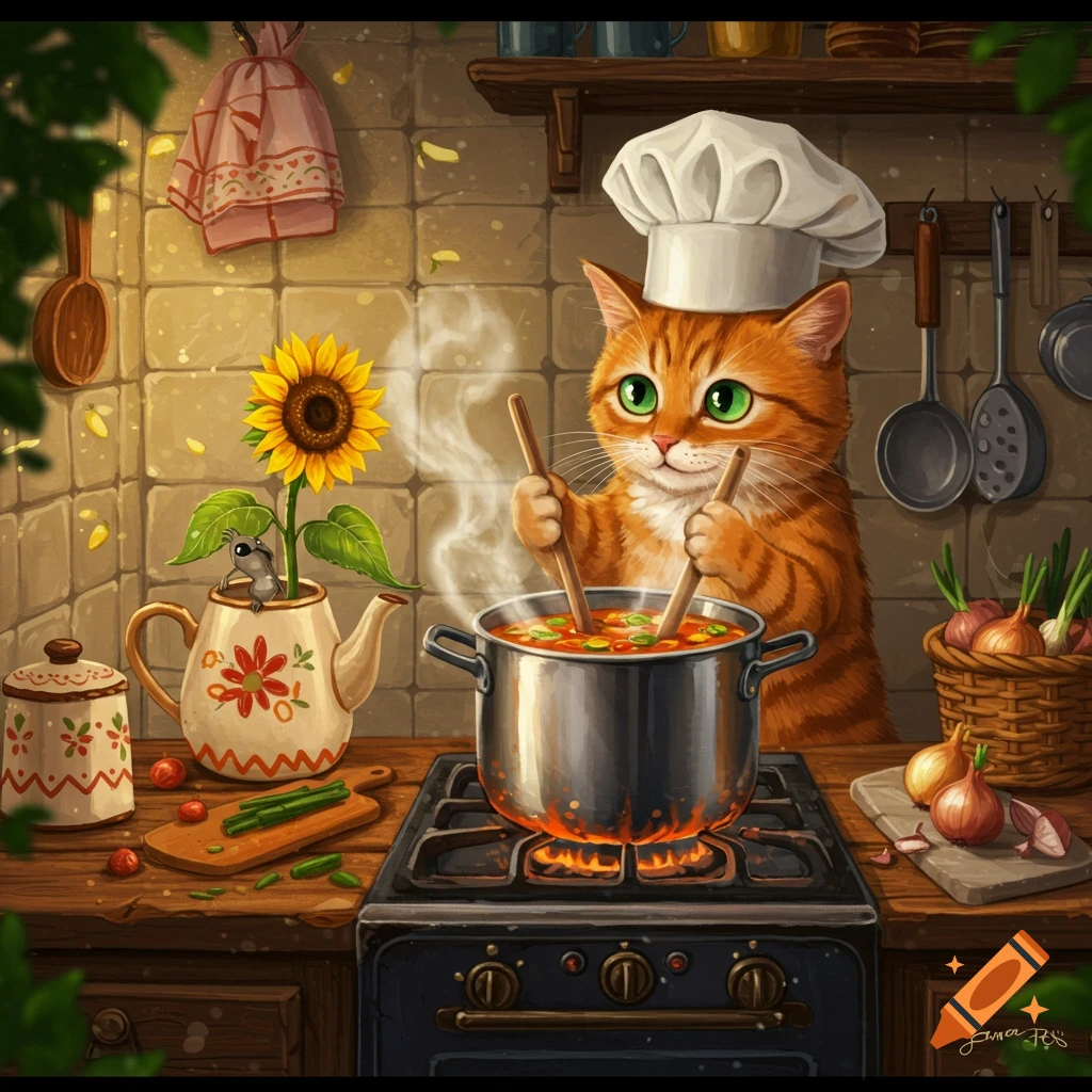 An orange tabby cat wearing a chef hat, stirring a pot of soup on a ...