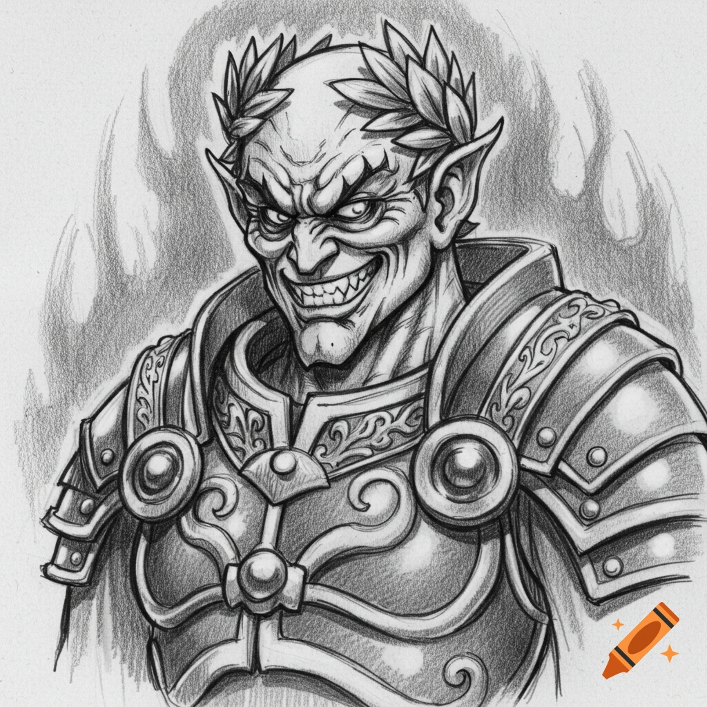 Black and white pencil sketch of an evil fantasy character in Roman ...