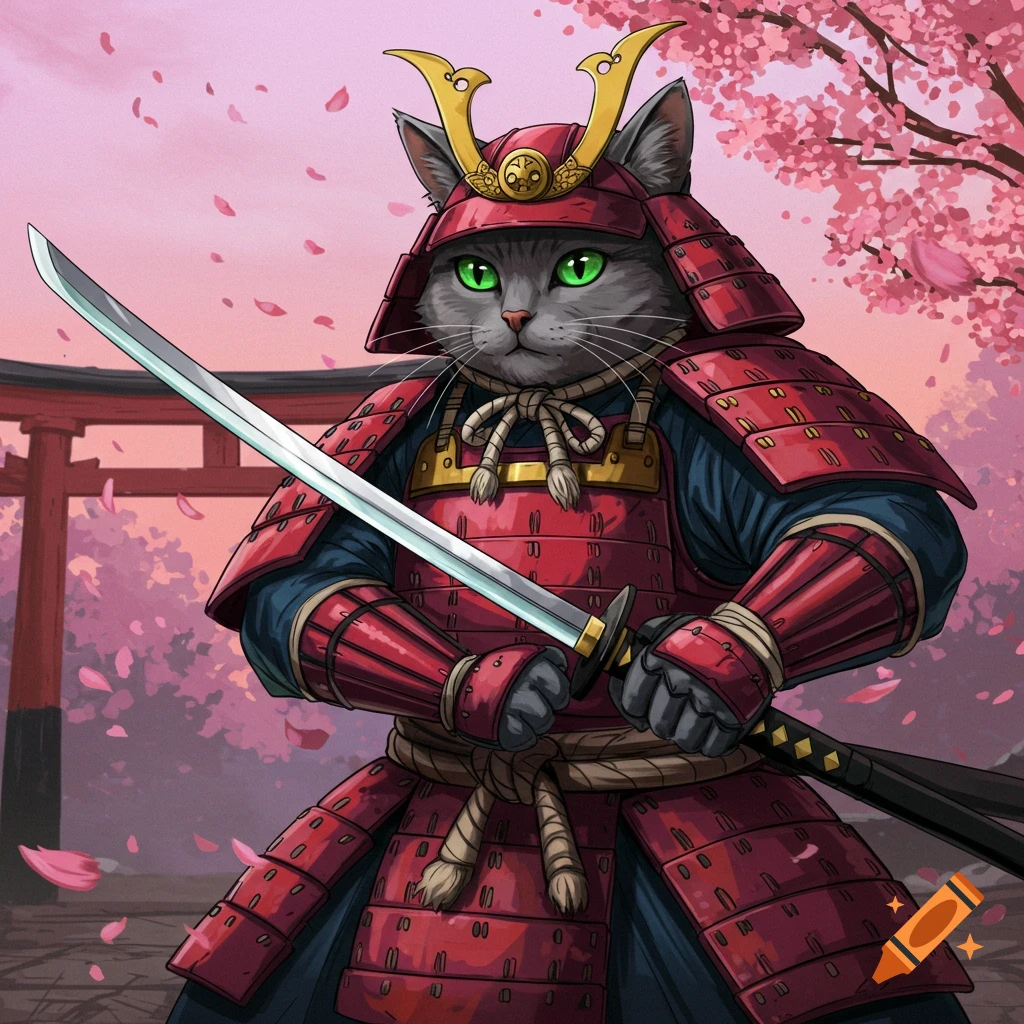 Samurai cat in a Japanese village on Craiyon