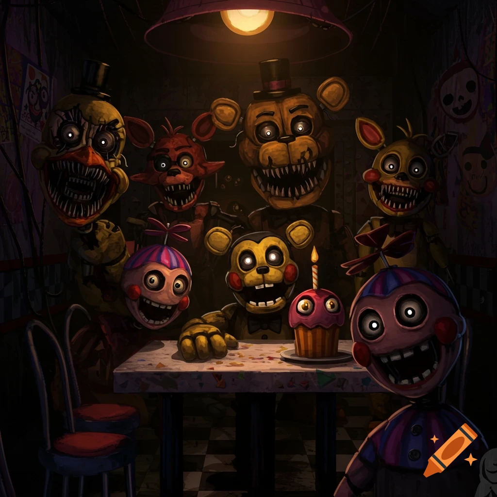Scary animatronics from Five Nights at Freddy's gathered around a table ...