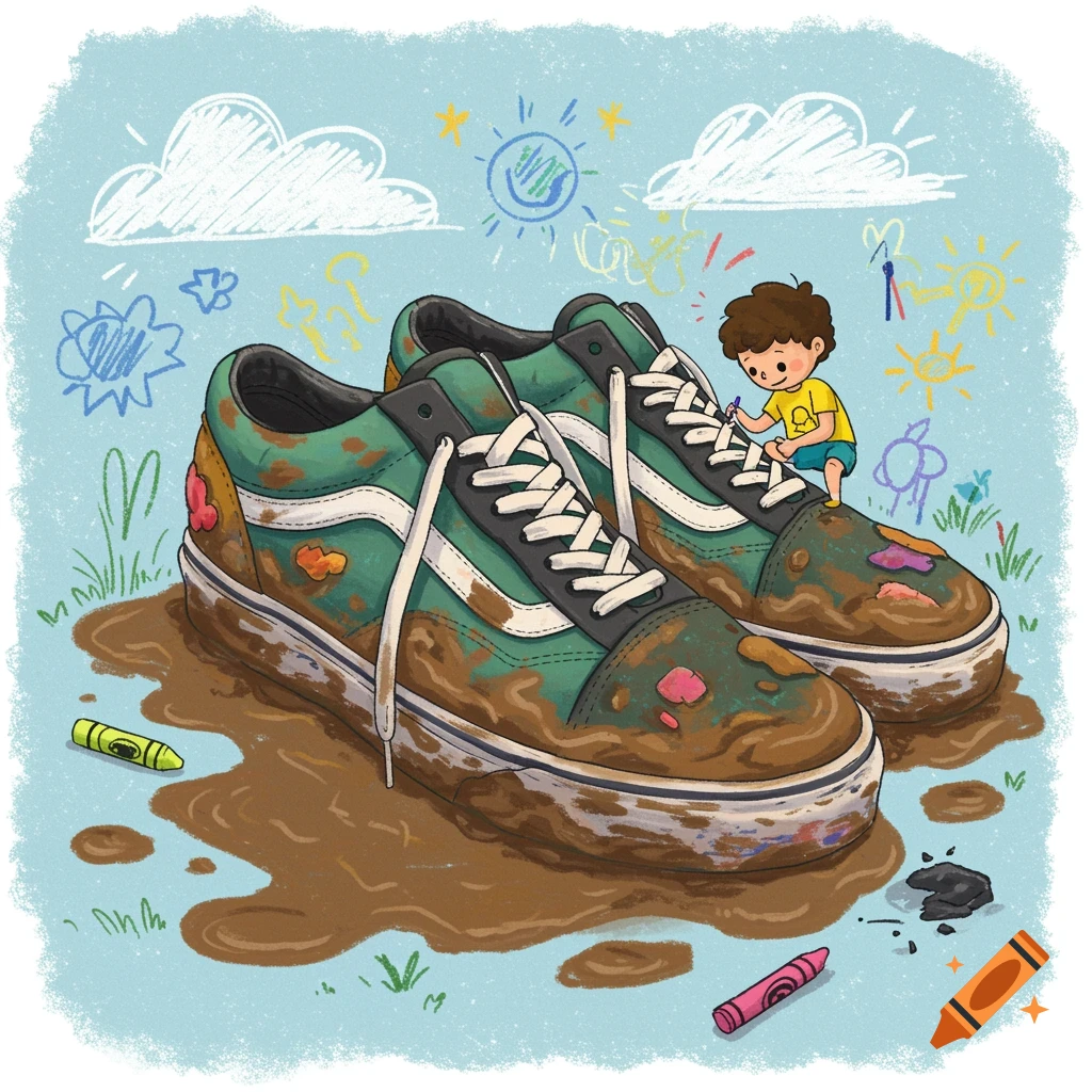 Child drawing on muddy Vans sneakers in a whimsical illustration. on ...