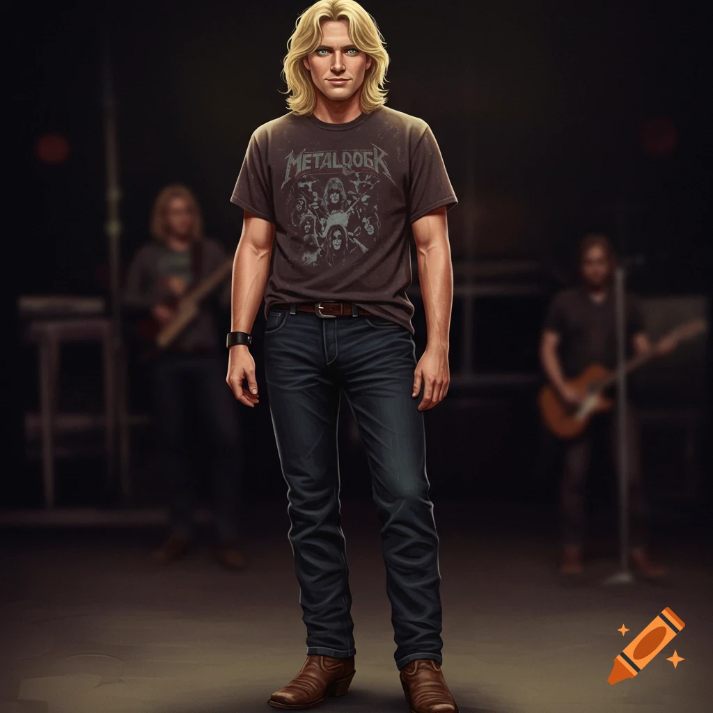 Blonde man with green hair, metal band shirt, jeans, and cowboy boots ...