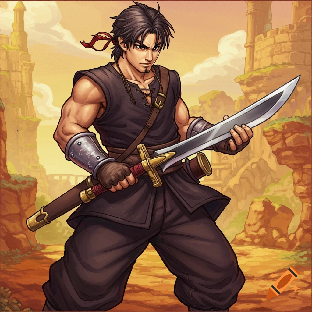 Chinese man with a scimitar sword in Dragon Quest style on Craiyon