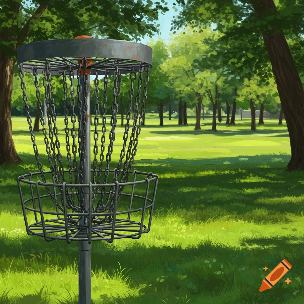 Illustration of a person throwing a disc towards a disc golf basket in ...