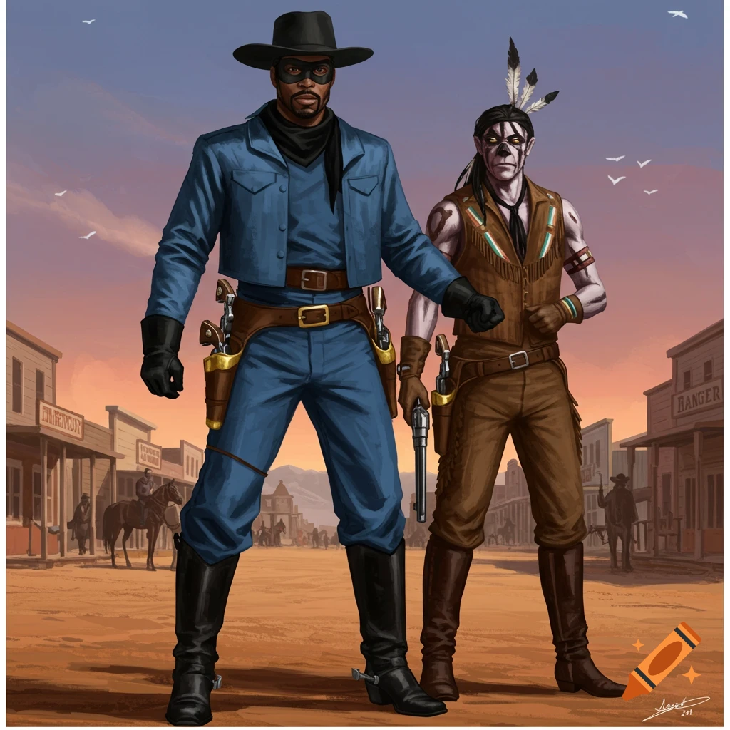 Black man as Lone Ranger with Tonto in Western town on Craiyon