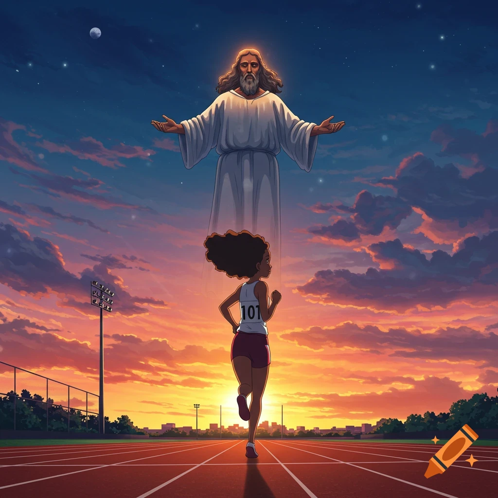 Ghibli anime-inspired scene of a black girl running track with god-like ...