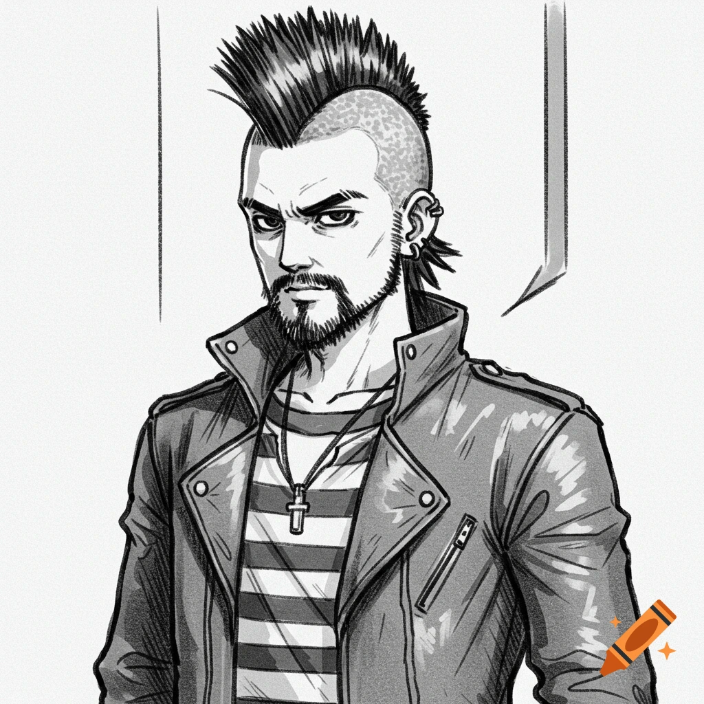 Dragon Quest style pencil sketch of a young man with mohawk, leather ...