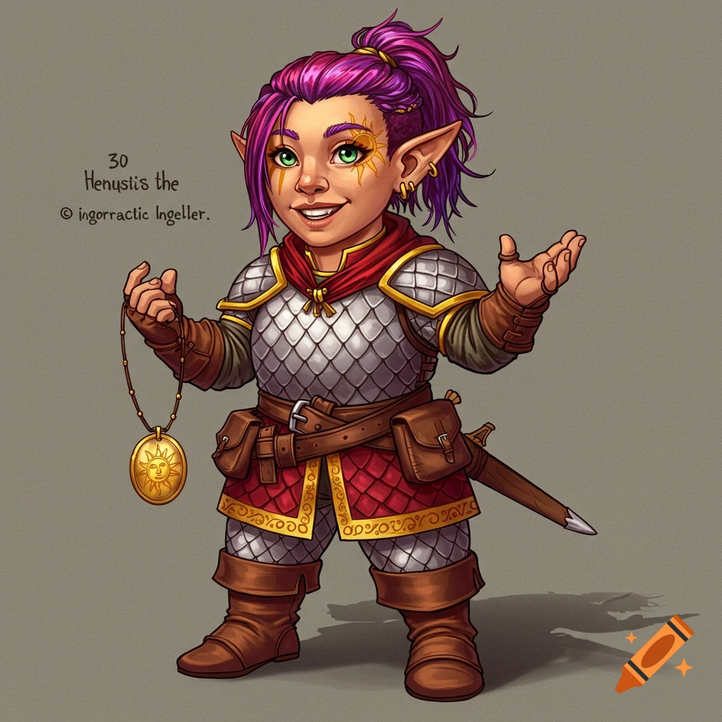 Halfling cleric with red, gold, and violet clothing and sun tattoo on ...