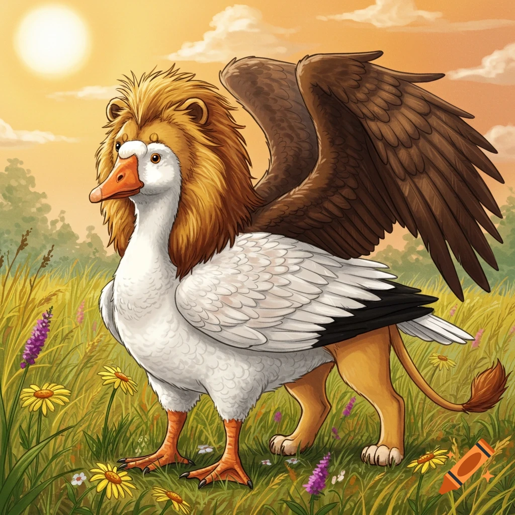 A mythical creature hybrid of a goose, lion, and eagle stands in a ...