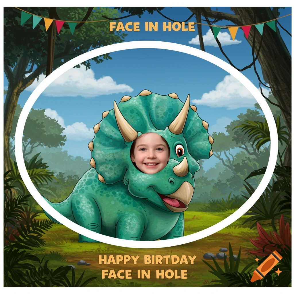 Child's face in a cartoon triceratops dinosaur face-in-hole birthday ...