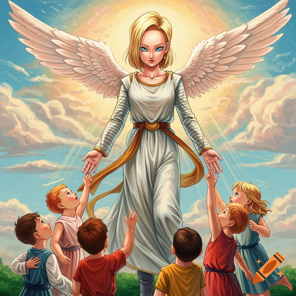 Android 18 as an angel with wings, reaching out to children beneath a ...
