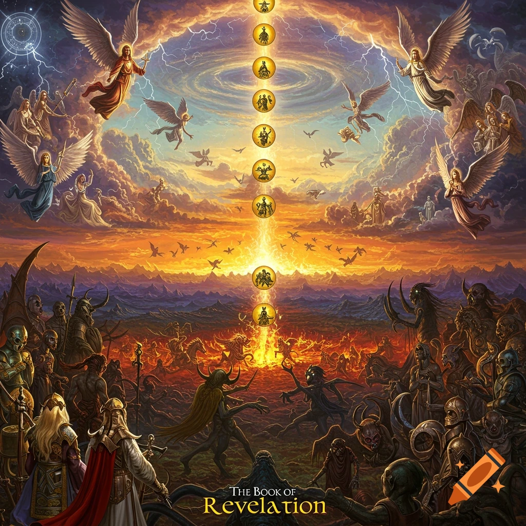 The Book of Revelation is depicted with angels above battling figures ...