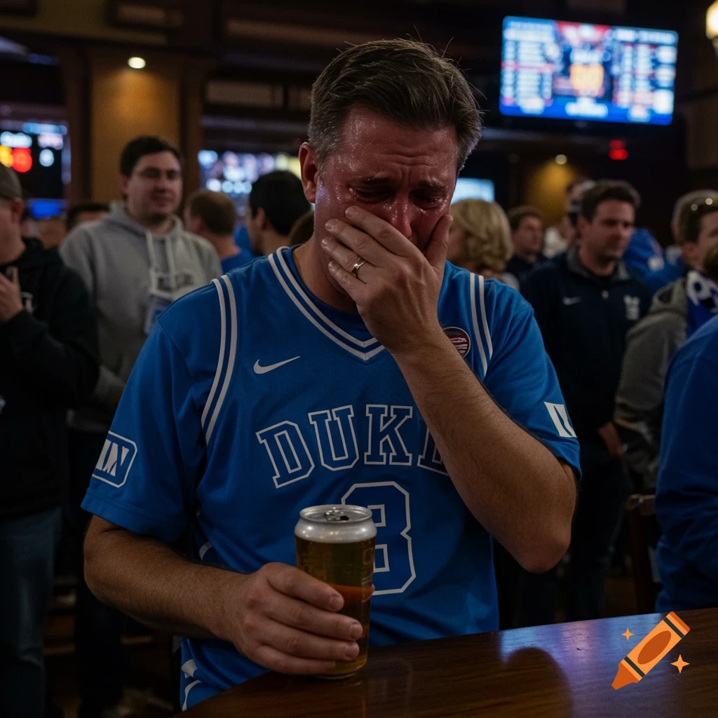 Duke Blue Devil fan crying after March Madness loss on Craiyon