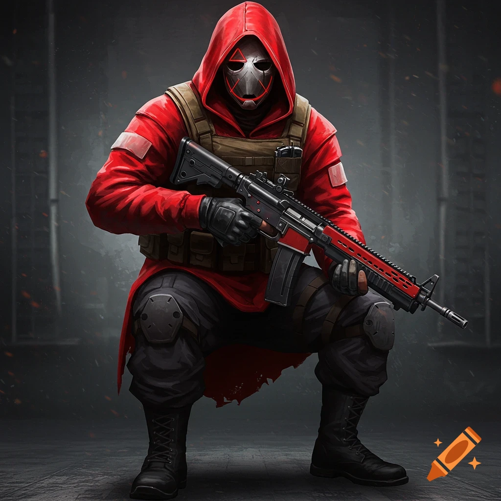Red hooded guard with triangle mask, gun, and black shoes on Craiyon