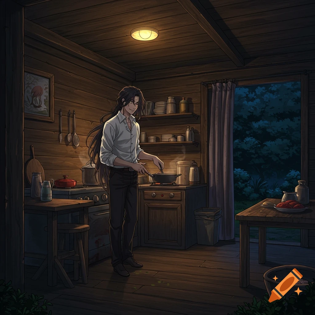 Anime illustration of a man cooking in a rustic wooden kitchen at night ...
