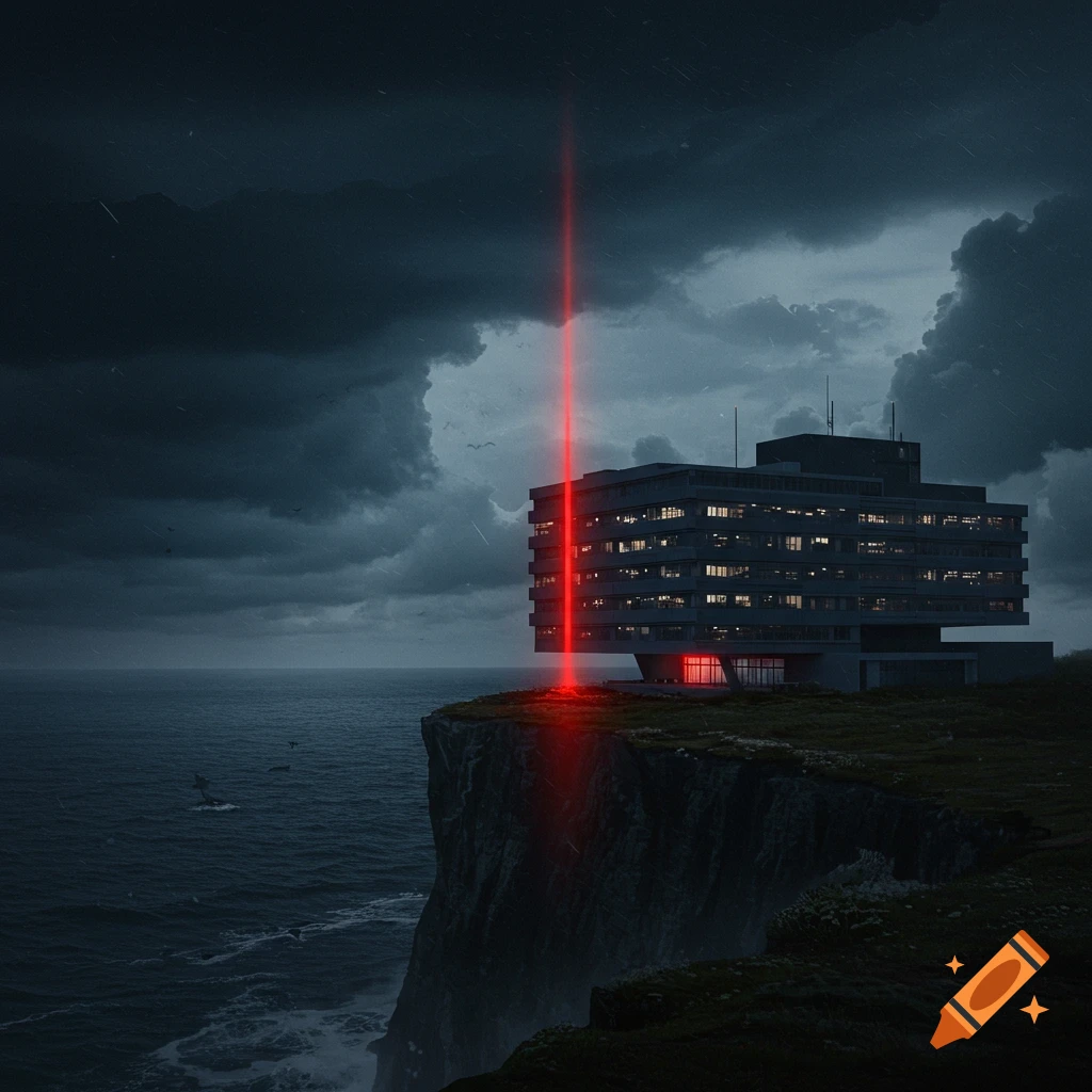 Office building on a cliff under a dark, cloudy sky on Craiyon