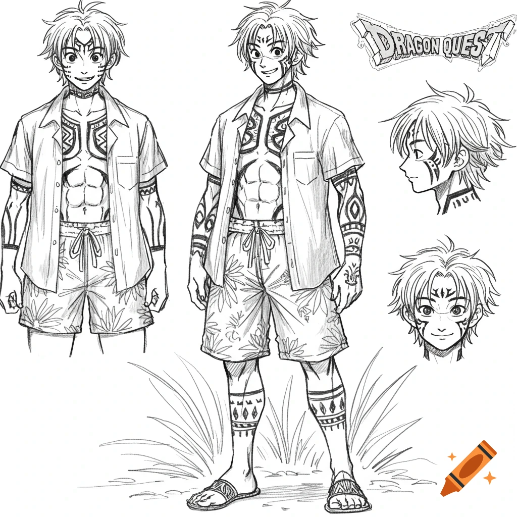 Dragon Quest style sketch of a young man with tribal tattoos on Craiyon