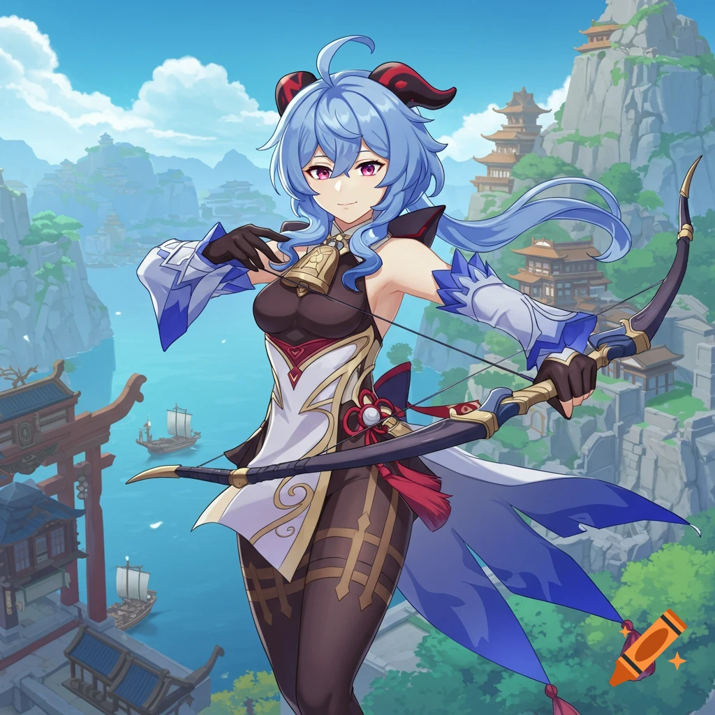 Ganyu from Genshin Impact holding a bow in a scenic landscape. on Craiyon
