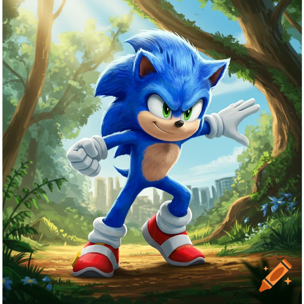 Sonic the Hedgehog stands in a forest clearing with a city visible in ...