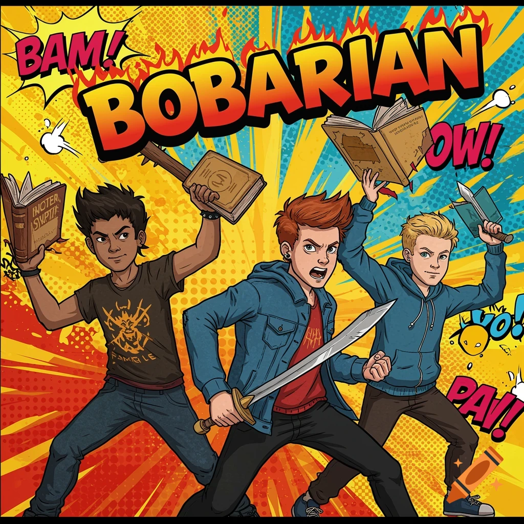 Poster for book club 'Barbarian' with four boys holding books as ...