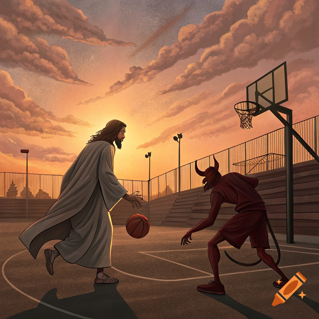 Jesus and the devil play basketball on an outdoor court at sunset. on ...