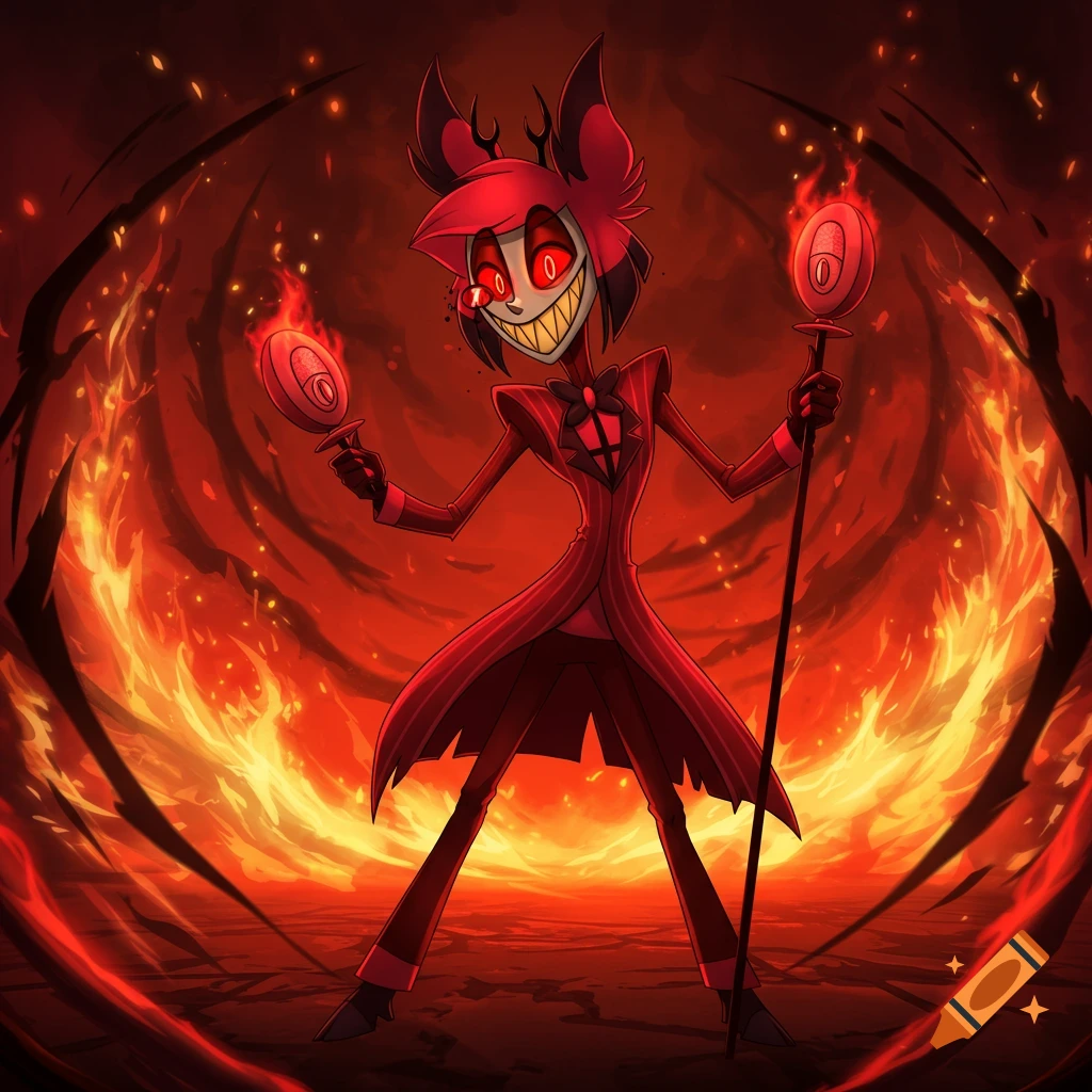 Alastor from Hazbin Hotel holding a microphone in a red studio. on Craiyon