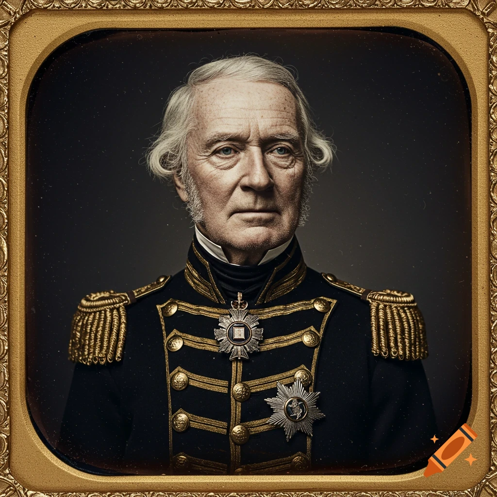 Daugerotype photo of elderly Captain Jack Aubery in uniform on Craiyon