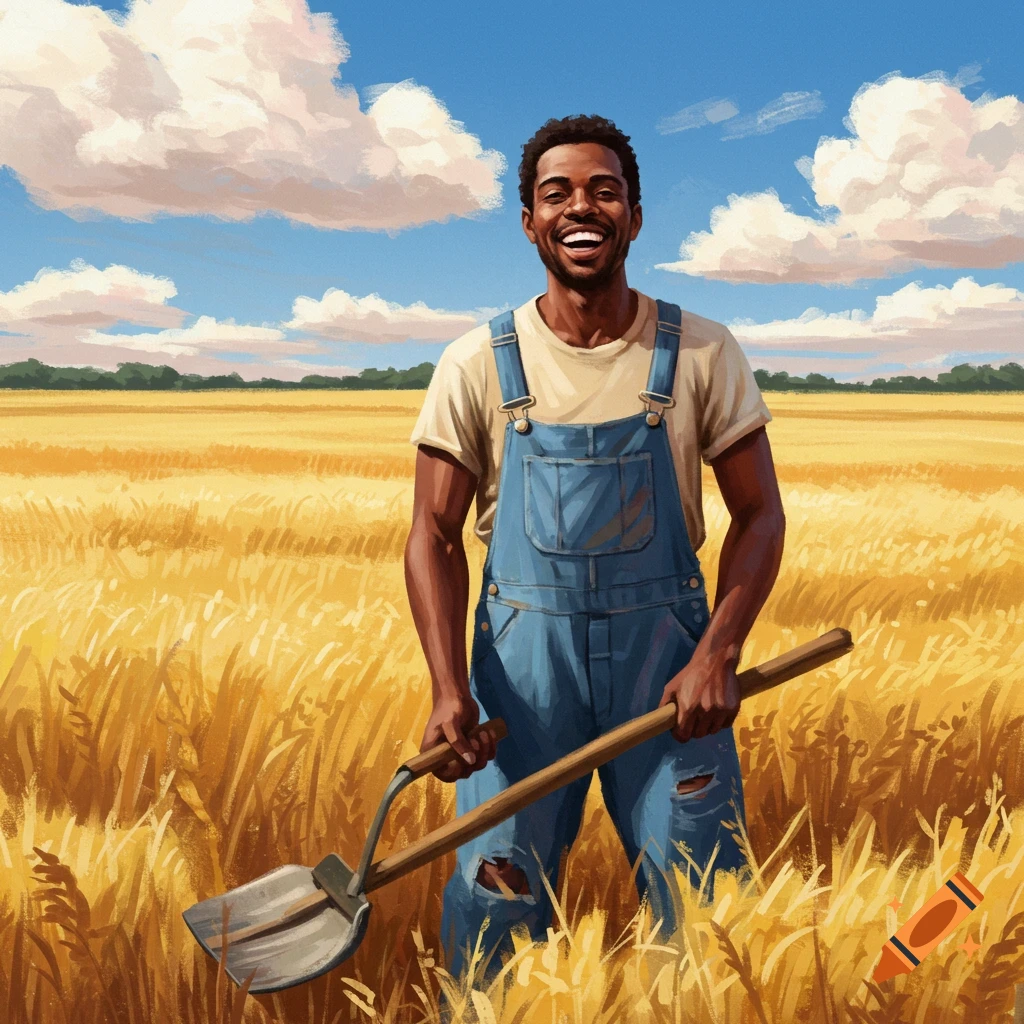 A happy Black farmer stands in a wheat field holding a hoe. on Craiyon
