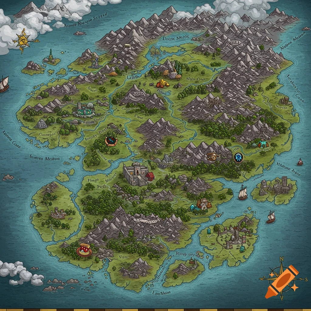 Fantasy continent map with northern mountain range on Craiyon